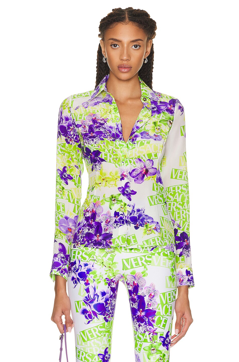 VERSACE Orchid Long Sleeve Top in Bianco & Verde | FWRD