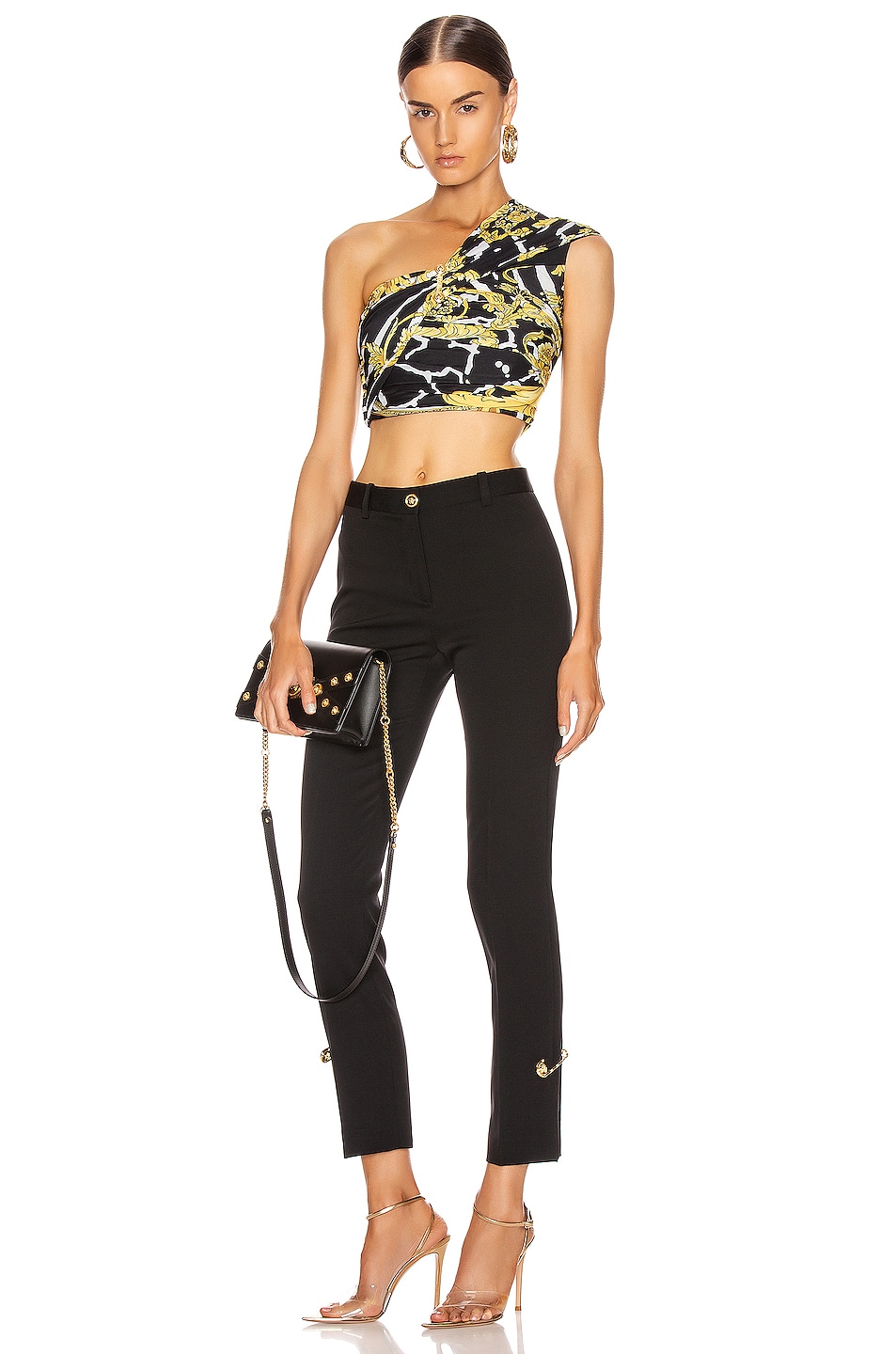 VERSACE Print One Shoulder Crop Top in Black & Yellow | FWRD