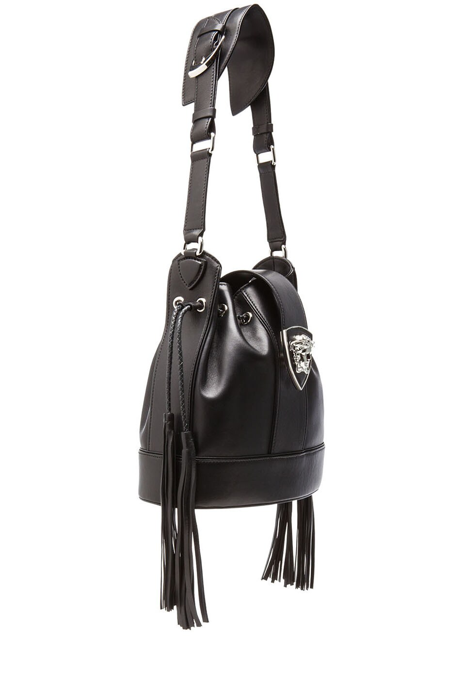 VERSACE Fringe Leather Bucket Bag with Medusa Head in Black & Silver | FWRD