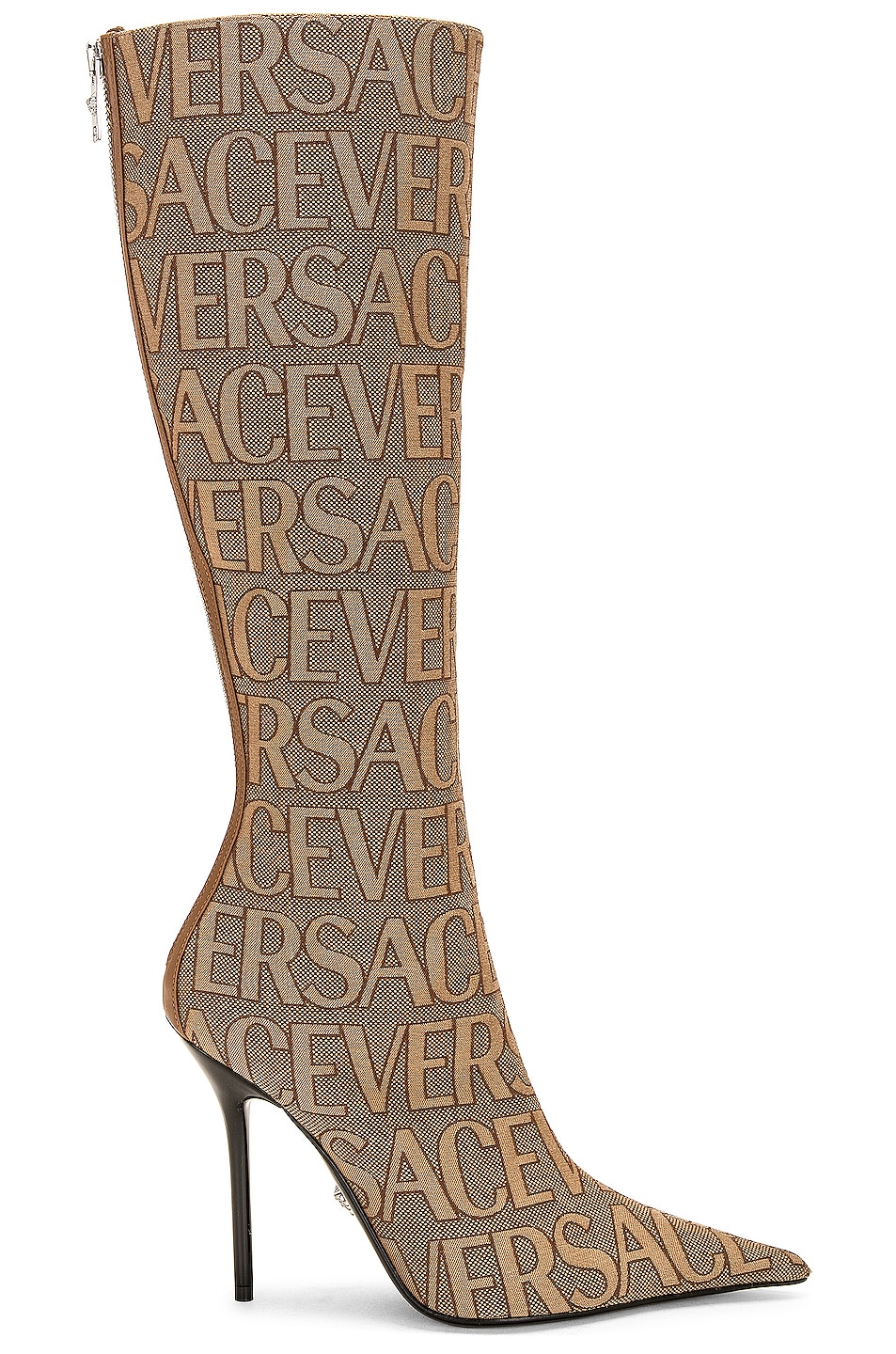 VERSACE All Over Logo Knee High Boot in Beige & Brown Palladium | FWRD