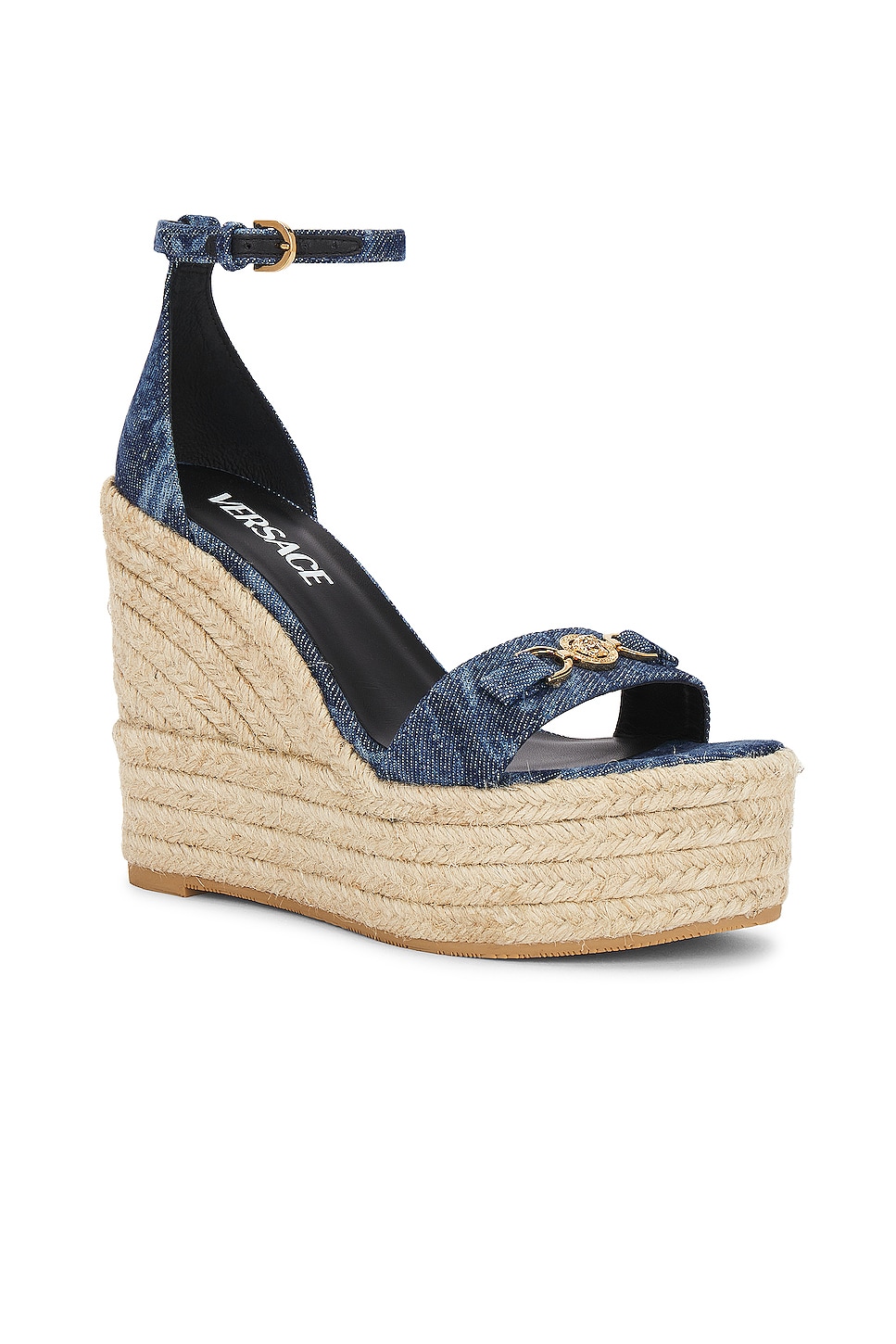 VERSACE Fabric Wedge Espadrille Sandal in Blue | FWRD