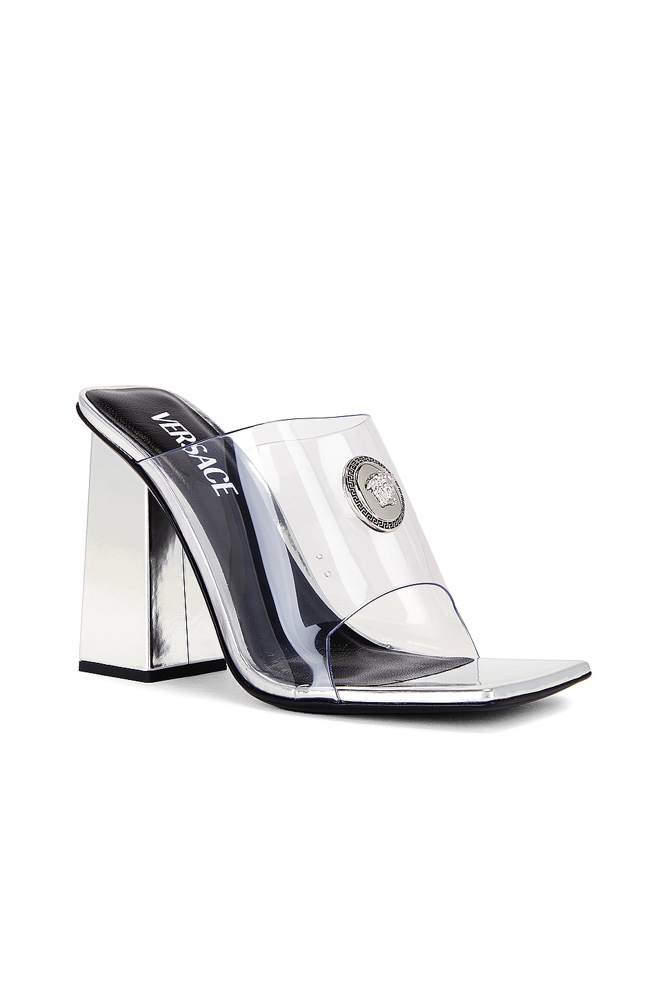 VERSACE Block Heel Mule in Transparent & Silver | FWRD