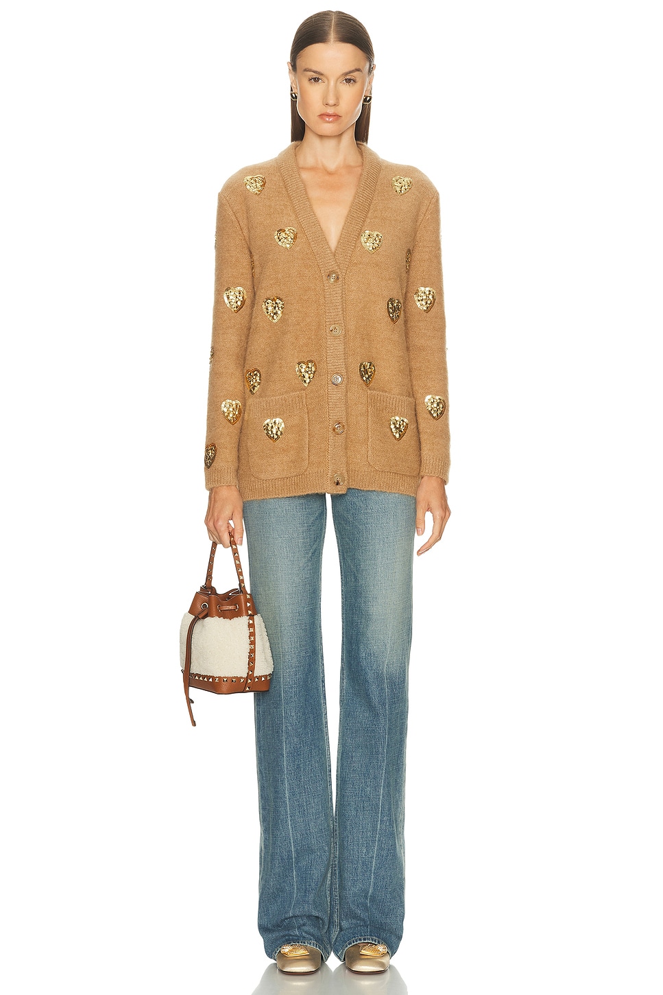Valentino Embroidered Cardigan in Camello & Gold | FWRD