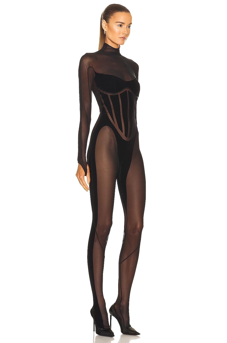 Wolford x Mugler Flock Shaping Catsuit in Black | FWRD