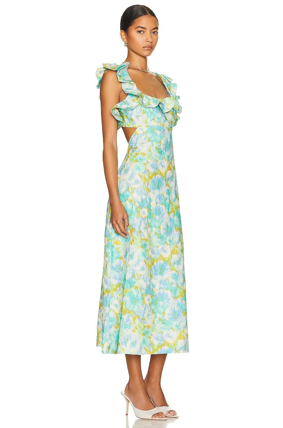 Zimmermann High Tide Frilled Midi Dress in Aqua Ikat Floral | FWRD