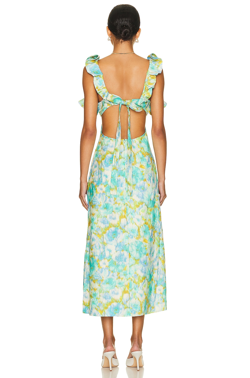 Zimmermann High Tide Frilled Midi Dress in Aqua Ikat Floral | FWRD