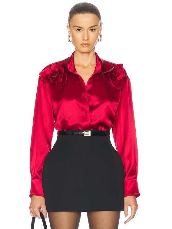 AKNVAS Flor Satin Two Roses Button Down Shirt in Poppy | FWRD AKNVAS Flor Satin Two Roses Button Down Shirt in Poppy | FWRD