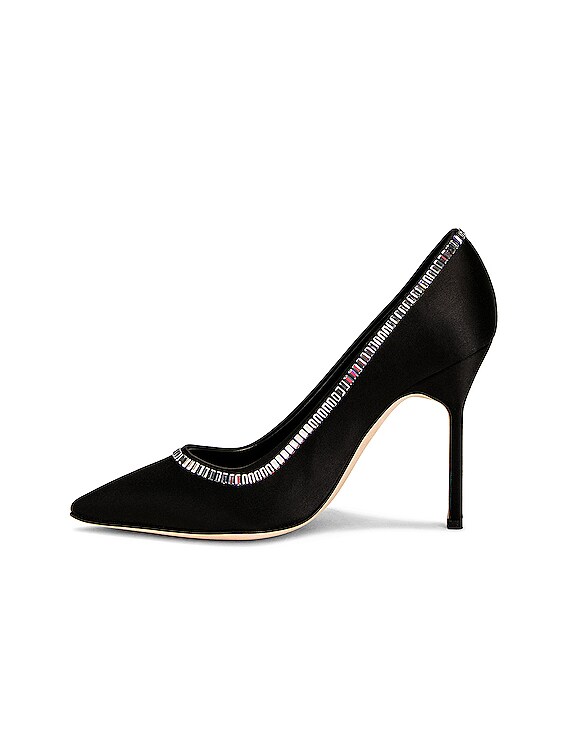 Manolo Blahnik Satin Crystal Collar 105 Pump in Black | FWRD Manolo Blahnik Satin Crystal Collar 105 Pump in Black | FWRD